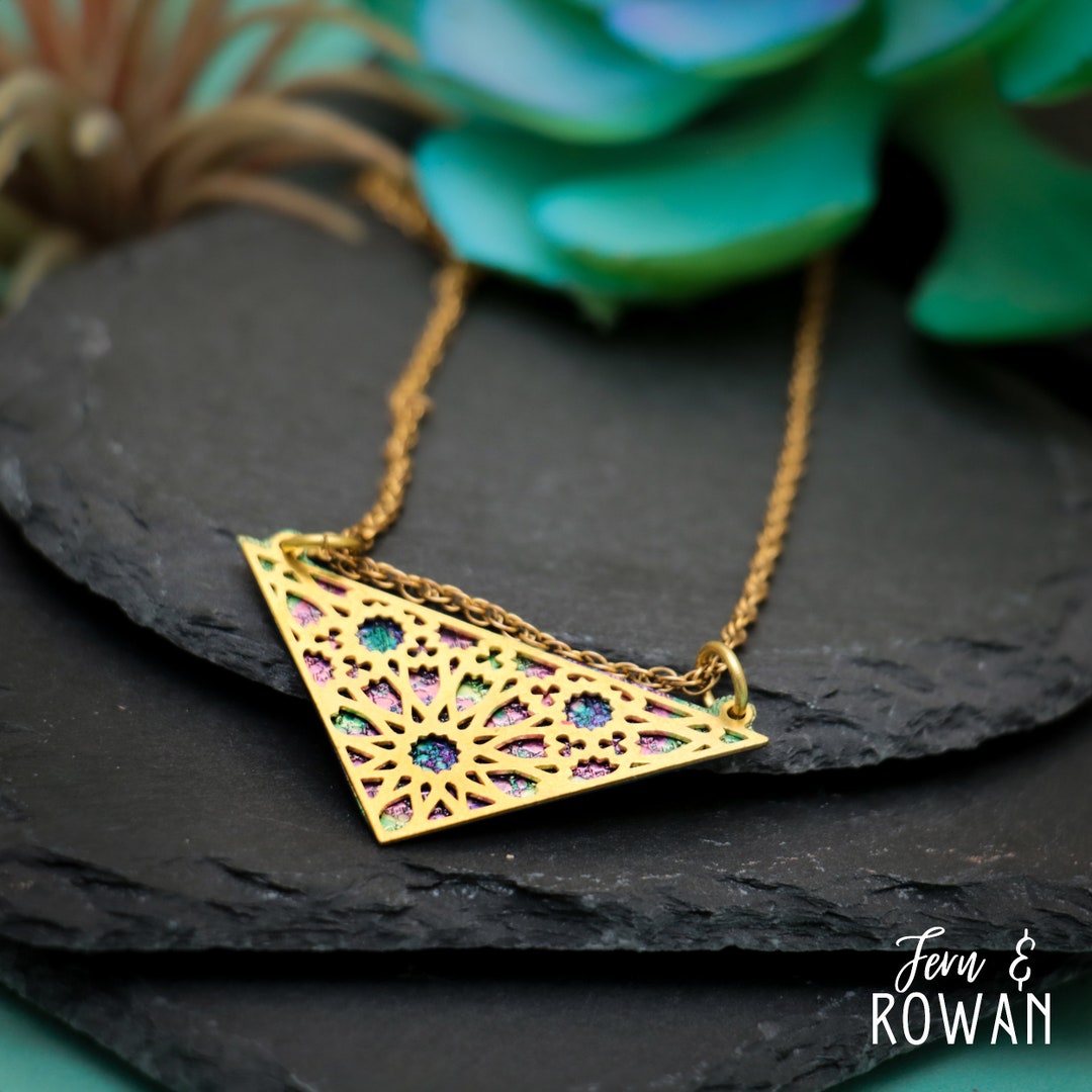 Gold Filigree Triangle Necklace, Colorful Floral Watercolor Necklace ...