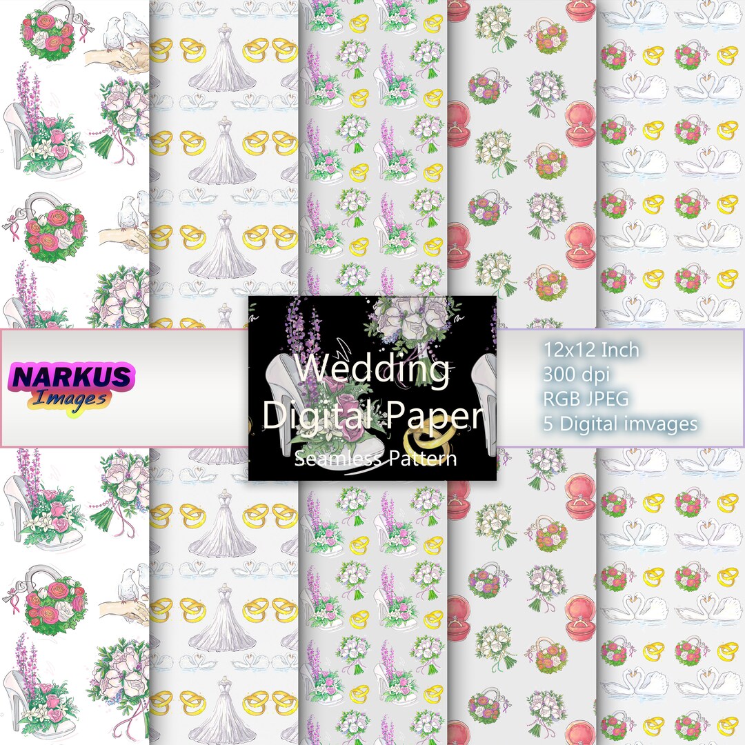 Wedding Seamless Digital Paper Set of 5 Backgrounds Seamless Pattern ...