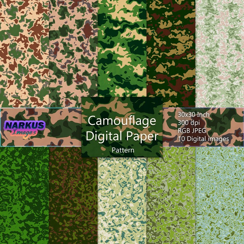 Camouflage Digital Paper Set of 10 Digital Printing Backgrounds, Camo ...