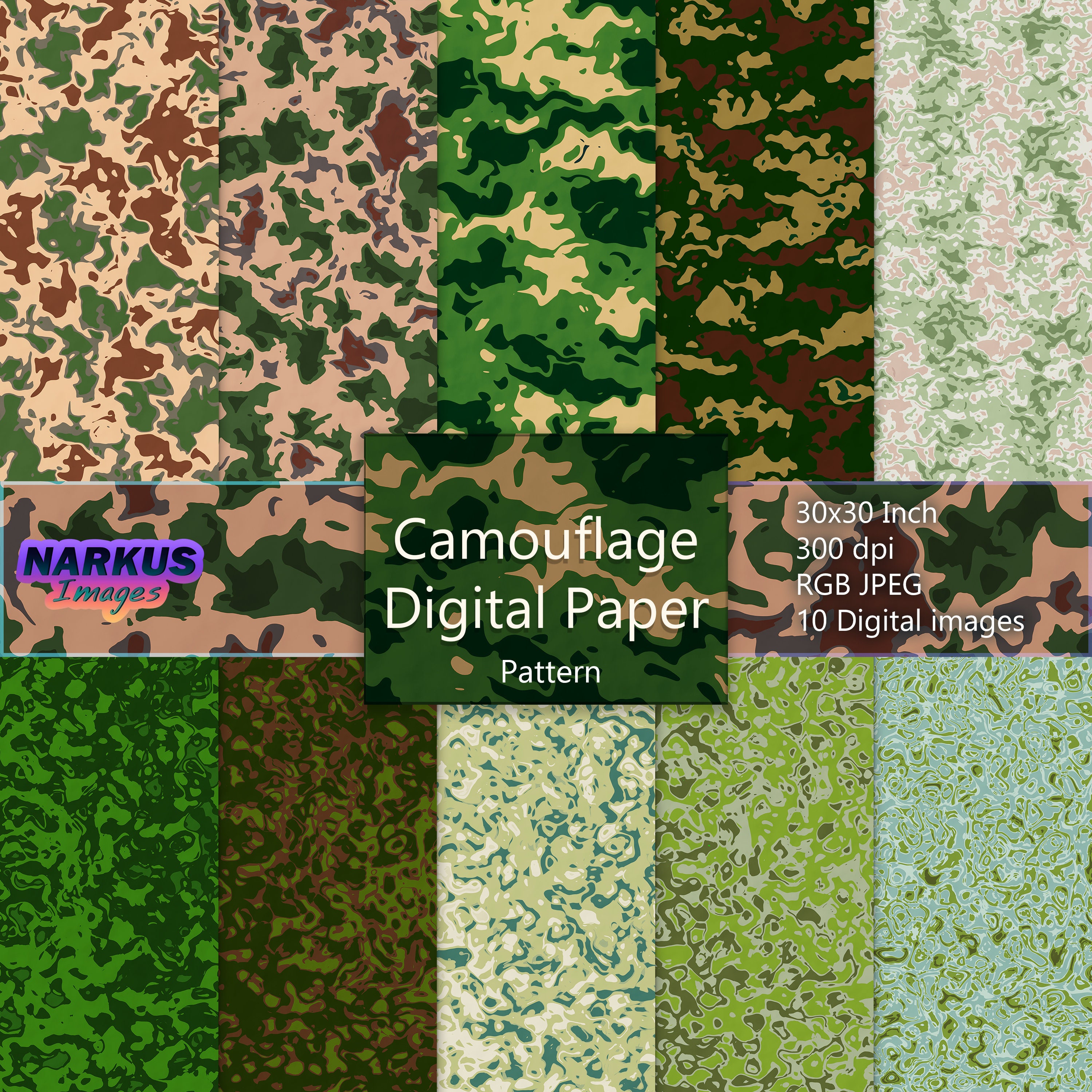 Camouflage Digital Paper Set of 10 Digital Printing Backgrounds, Camo ...