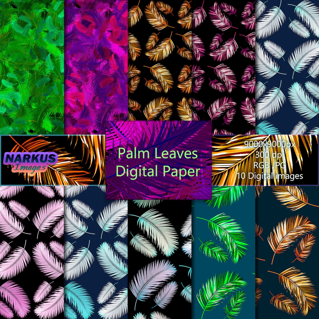 Tropical Palm Leaves Digital Paper Set of 10 Collection Paper Clip Art ...