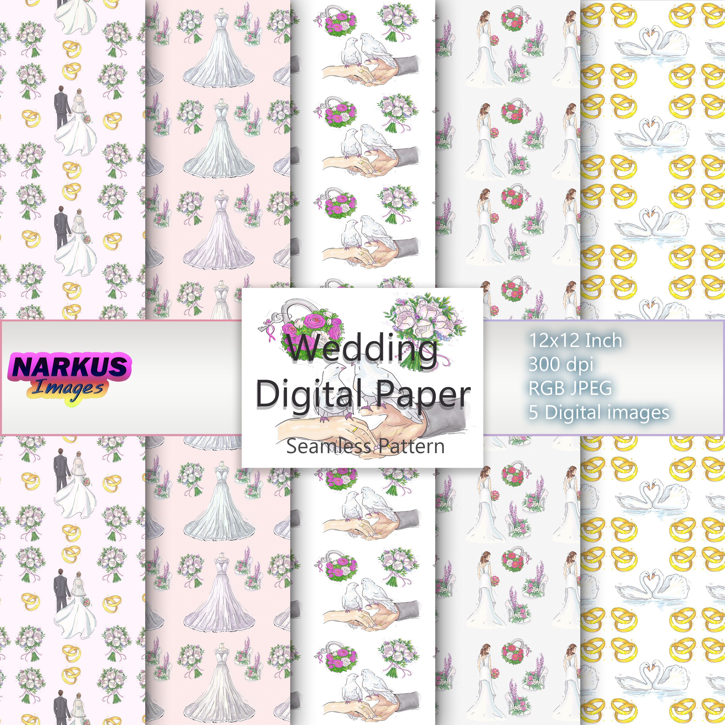 Wedding Seamless Digital Paper Set of 5 Digital Printing Invitations ...