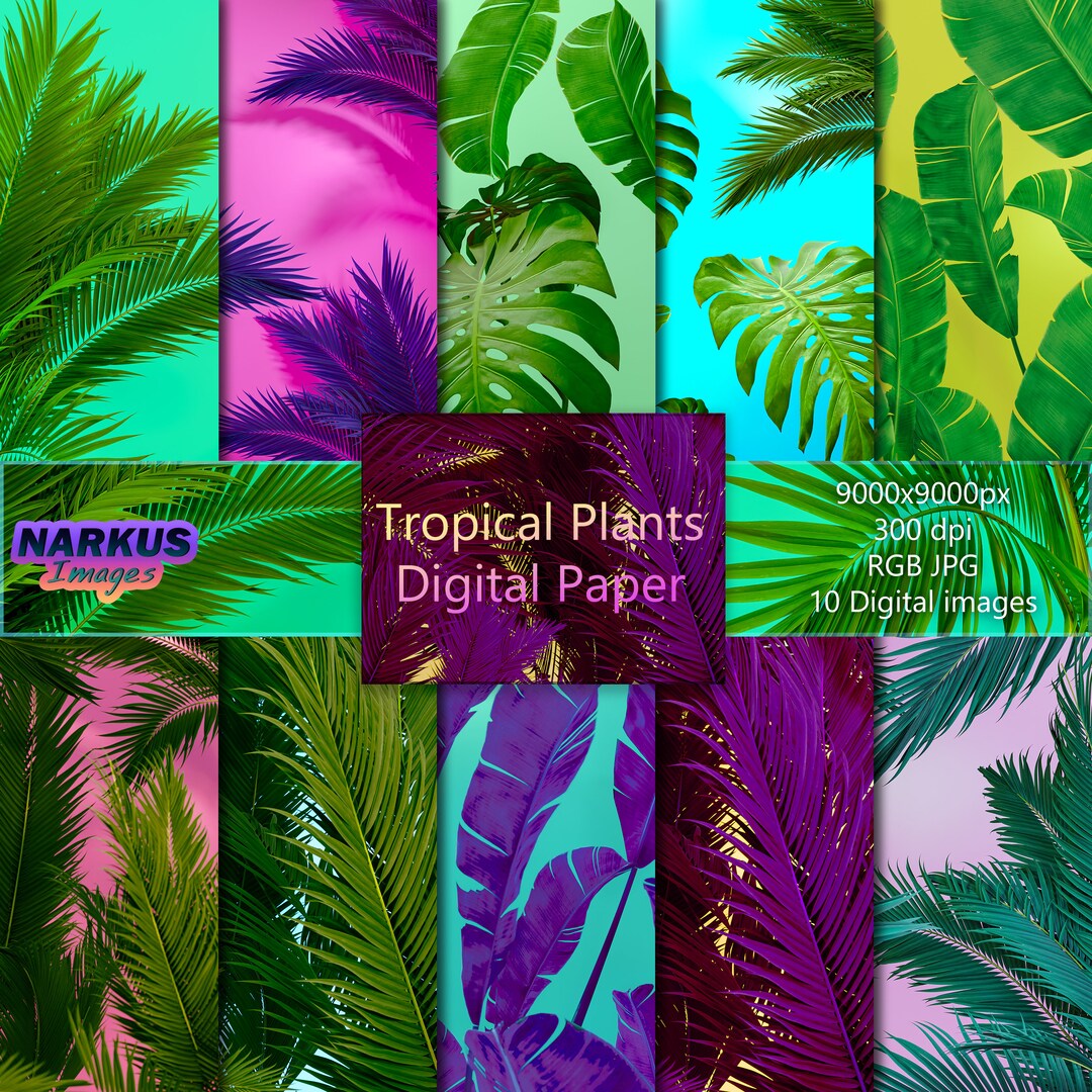 Tropical Plants and Palm Trees Digital Paper Set of 10 Collection Paper ...