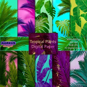 Tropical Plants and Palm Trees Digital Paper Set of 10 Collection Paper ...