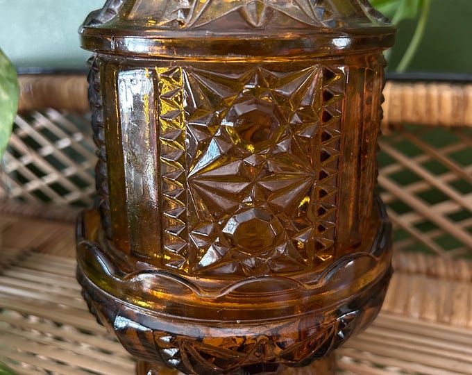 Vintage Amber Indiana Glass Stars and Bars Fairy Lamp Angel Light ...