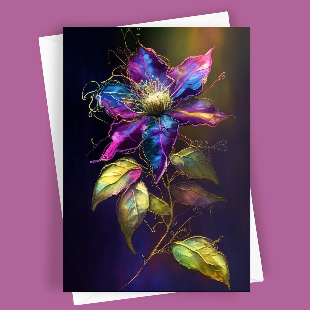 Fancy Clematis #1 | Purple Floral Greeting Card, 5x7 Blank Botanical ...