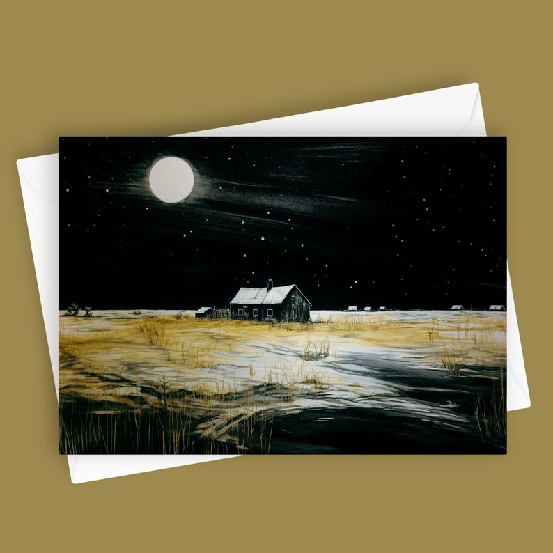Gilded Prairie | Moonlit Rustic Cabin Card, Blank 5x7 Nature Stationery ...