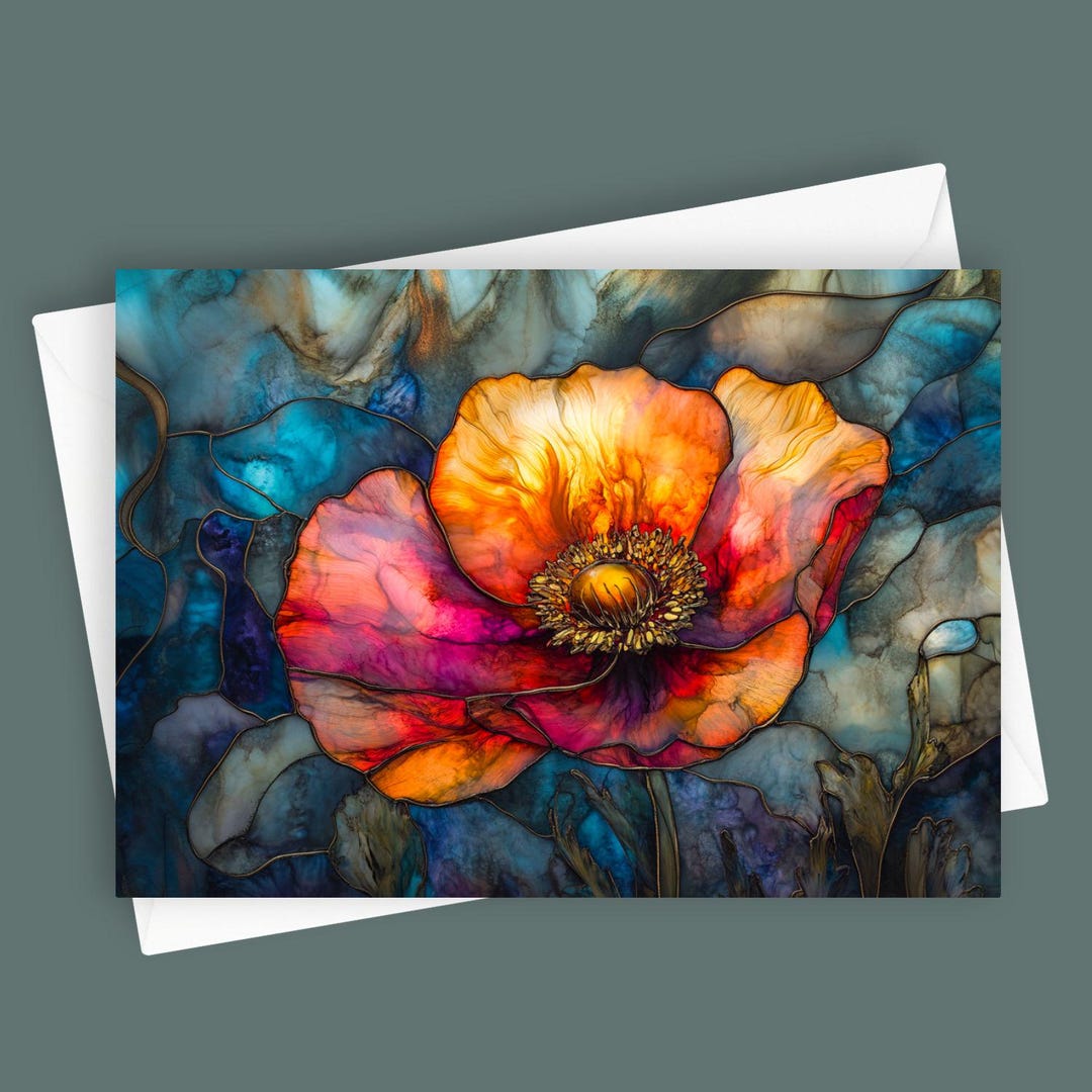 Stained Glass Poppy | 5x7 Blank Greeting Card, Floral Stationery ...