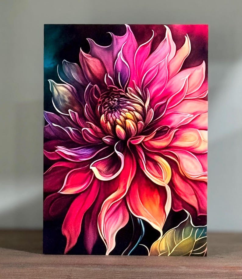 Fancy Dahlia #1 | Hot Pink Flower Greeting Card, Bright and Bold 5x7 ...