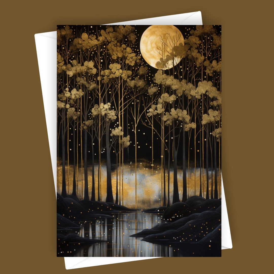 Gilded Forest | Golden Moonlight Greeting Card, 5x7 Blank Nature ...