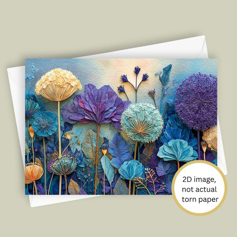 Torn Paper Alliums | Vibrant Blue Floral Greeting Card With FAUX Torn ...