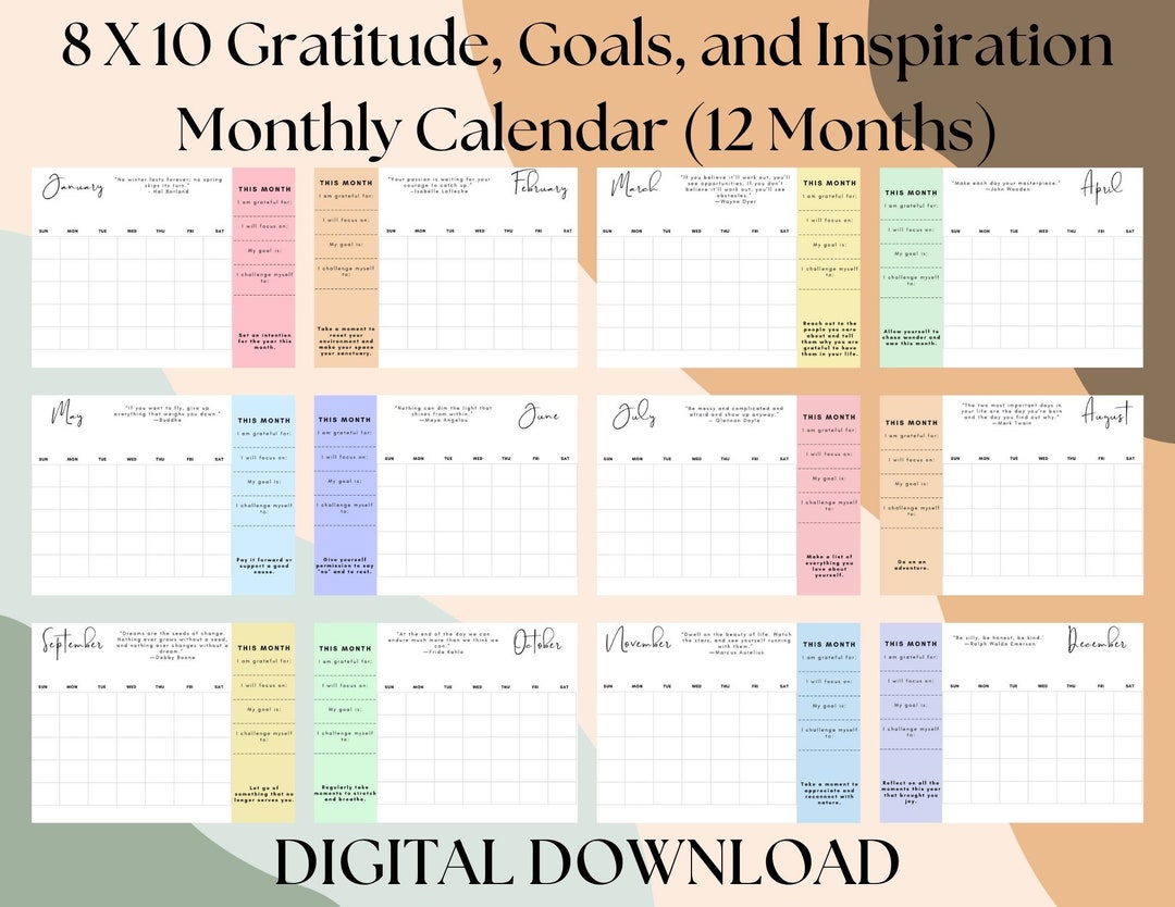 Gratitude, Goals, and Inspiration Monthly Calendar (12 Months) - Etsy