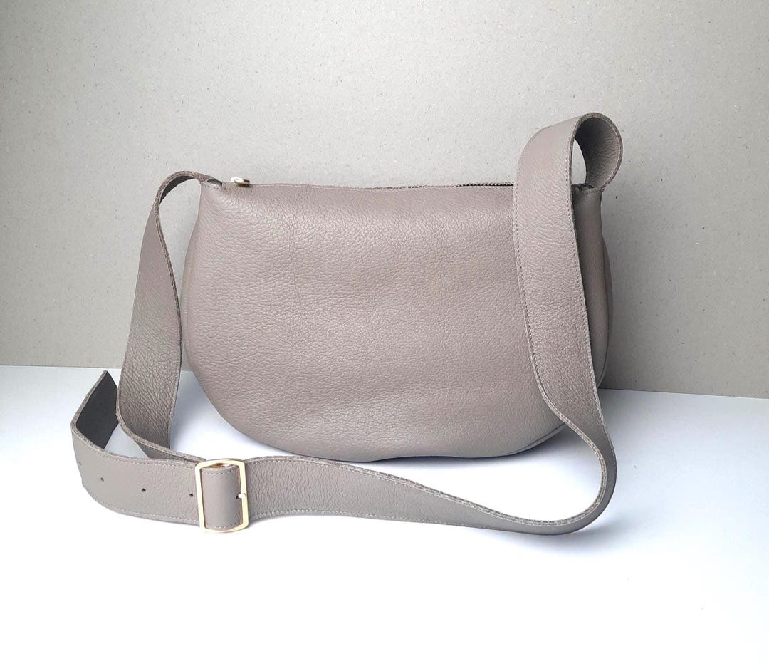 Taupe Leather Half Moon Crossbody Bag: Adjustable Wide Strap - Etsy
