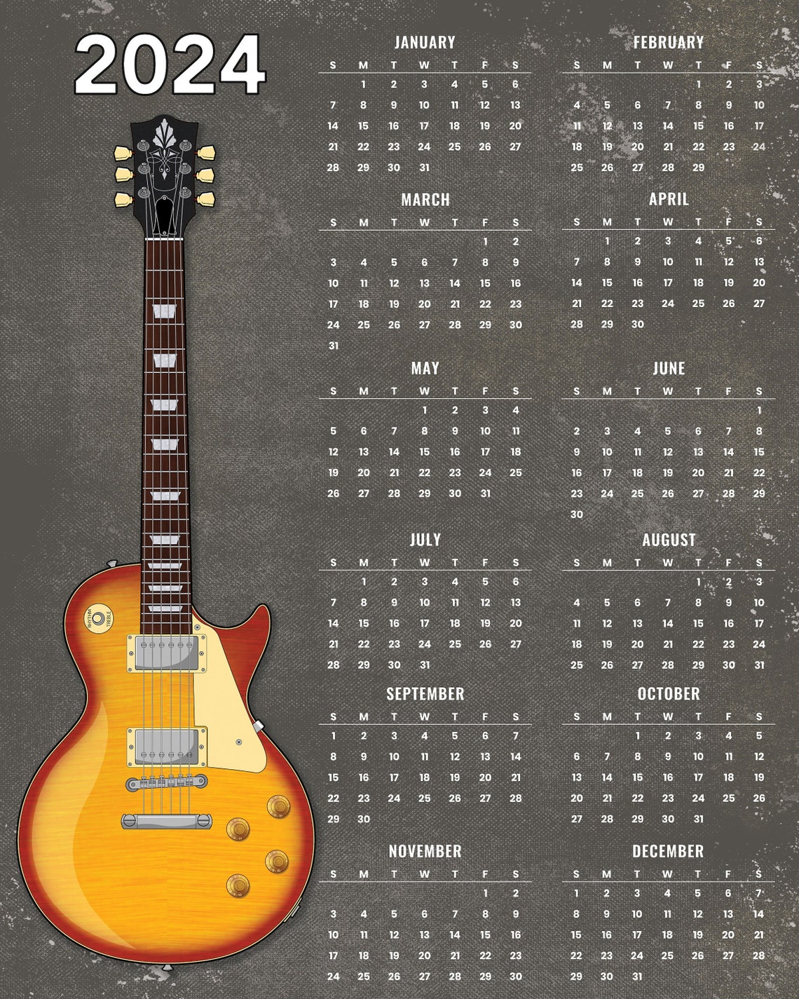 2024 Guitar Wall Calendar Les Paul Stratocaster Fender Gibson Musician ...