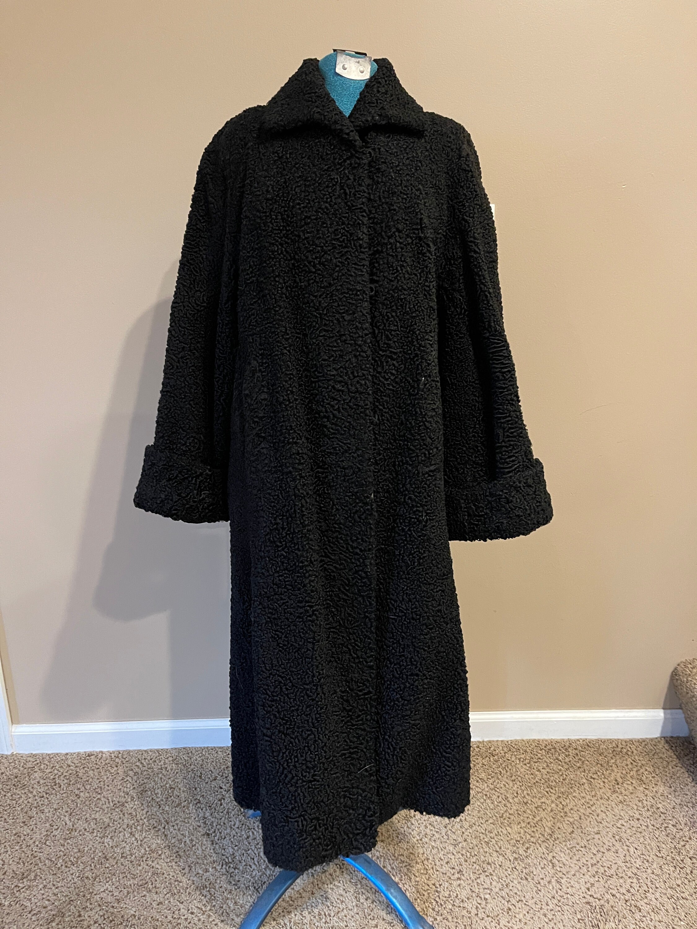 Vintage Black Persian Curly Wool Style Full Length Women's Winter Coat ...