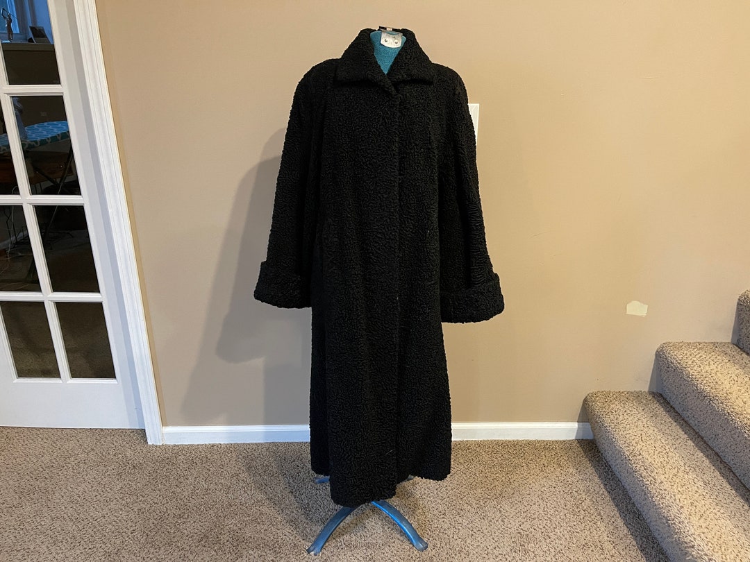 Vintage Black Persian Curly Wool Style Full Length Women's Winter Coat ...