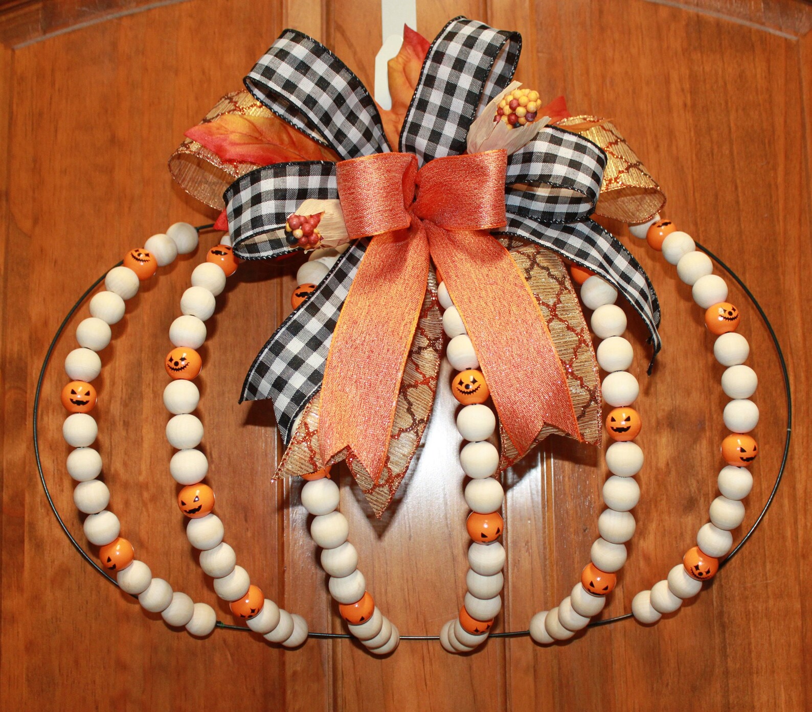 Thanksgiving Pumpkin Wreath, Fall Pumpkin Wreath With Beads, Wood Bead ...