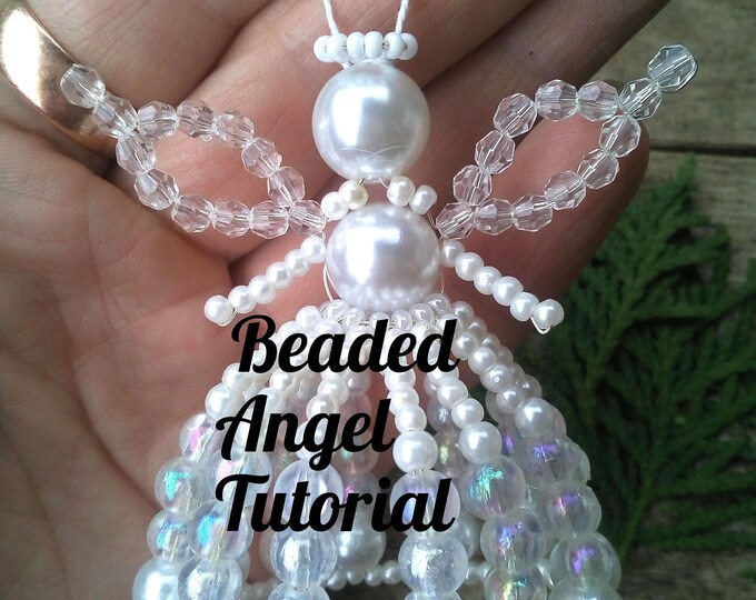 Hand Beaded Angel Tree Topper or Standing Angel Figure Clear Beads 5 1/ ...