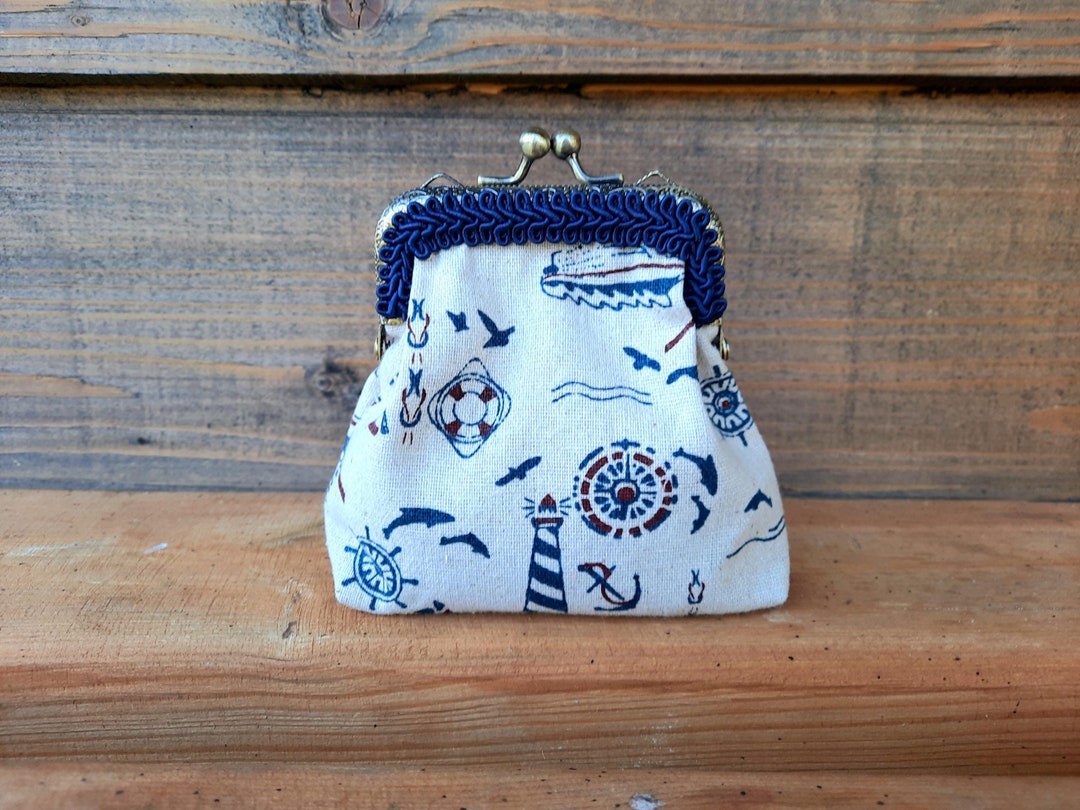 Sailor Kiss Clasp Purse, Linen Fabric Sea Lighthouse Money Pouch ...