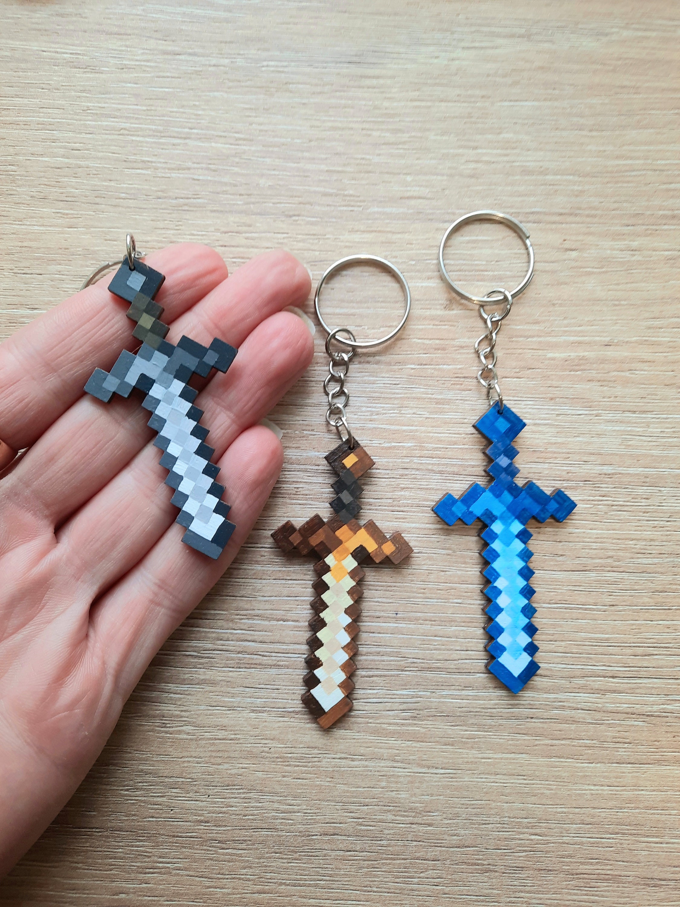 Pixel Diamond Gold Iron Sword Keychain | Gamer Cosplay Gift for Girls ...