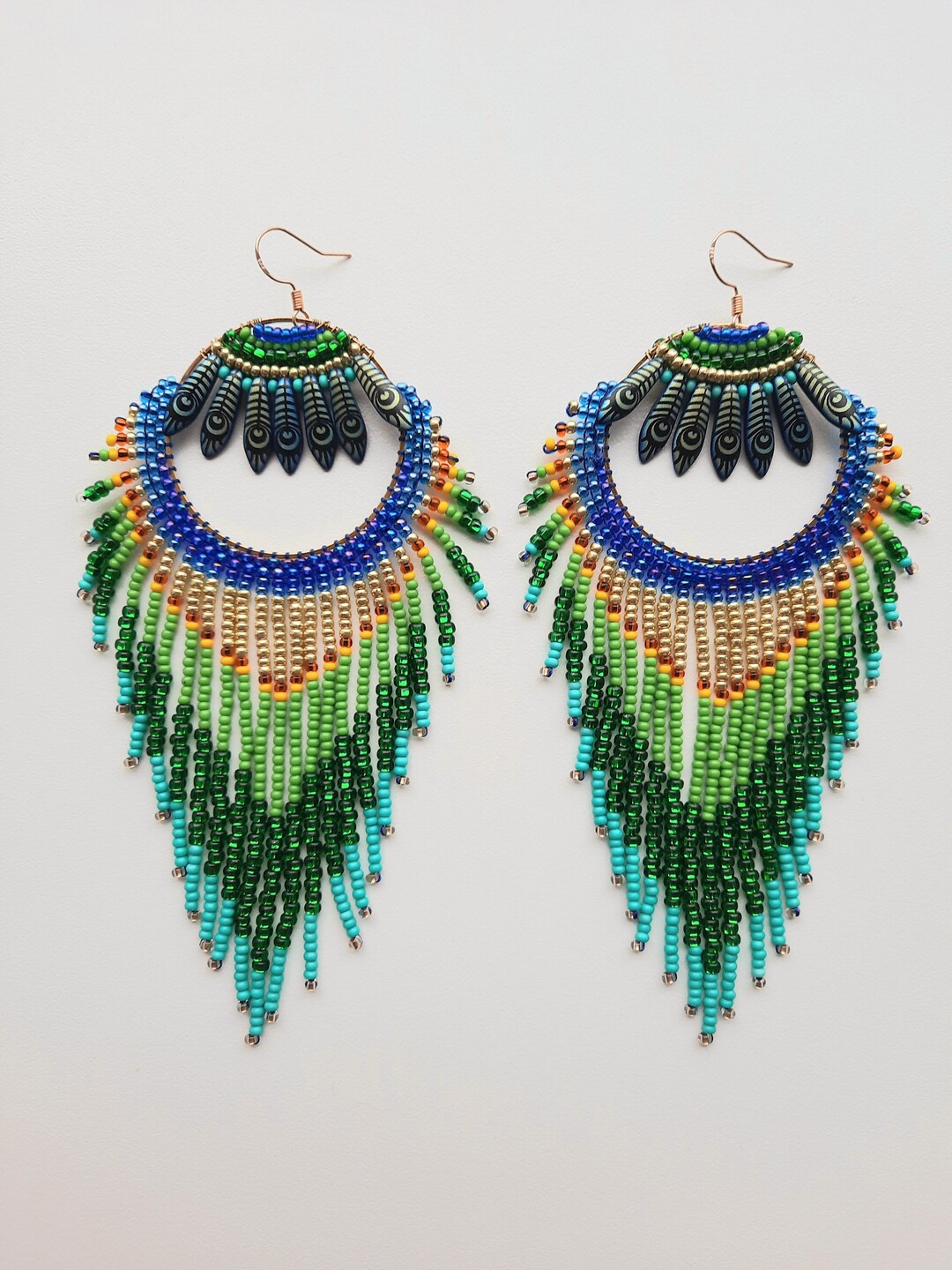 Peacock Beaded Earrings on Hoop, Peacock Feather Earrings, Seed Bead ...
