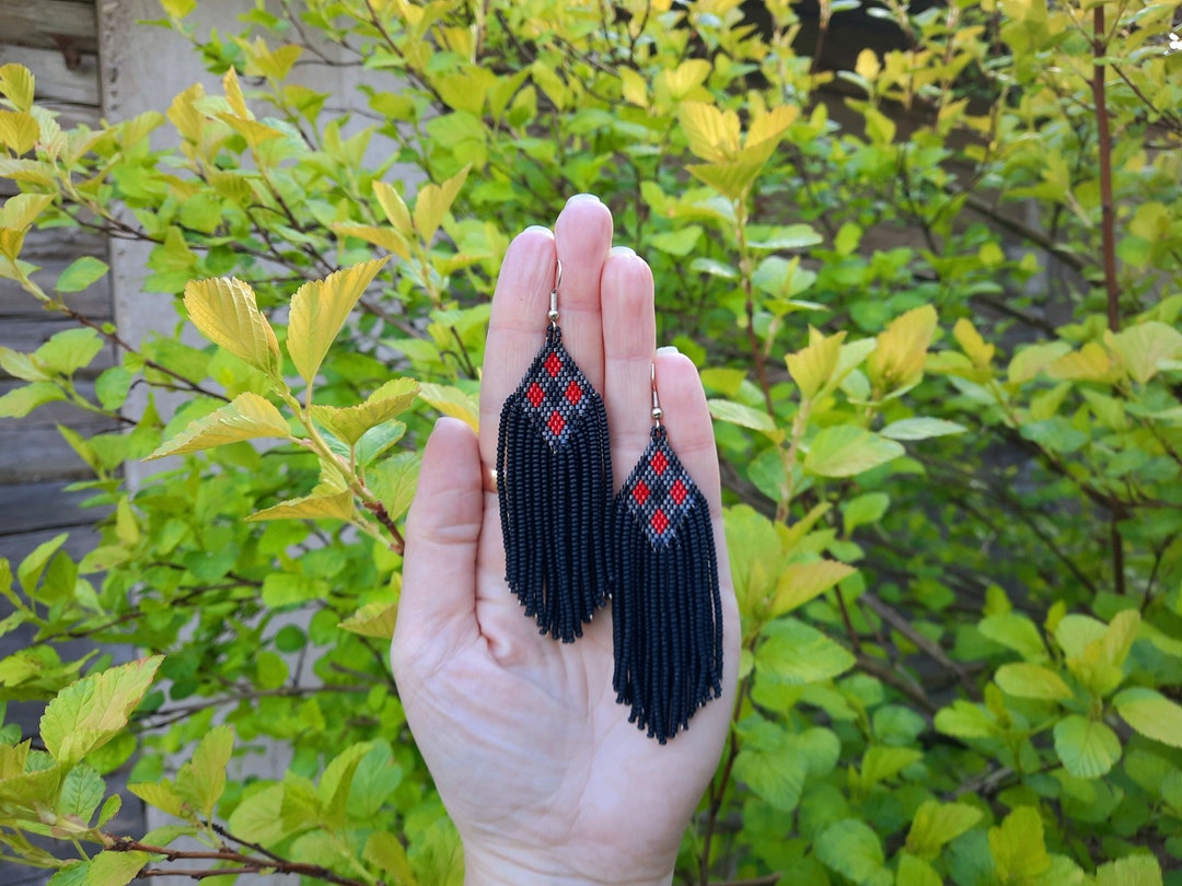Romb Brick Stitch Black Red Hand Beaded Diamond Delica Seed Bead ...