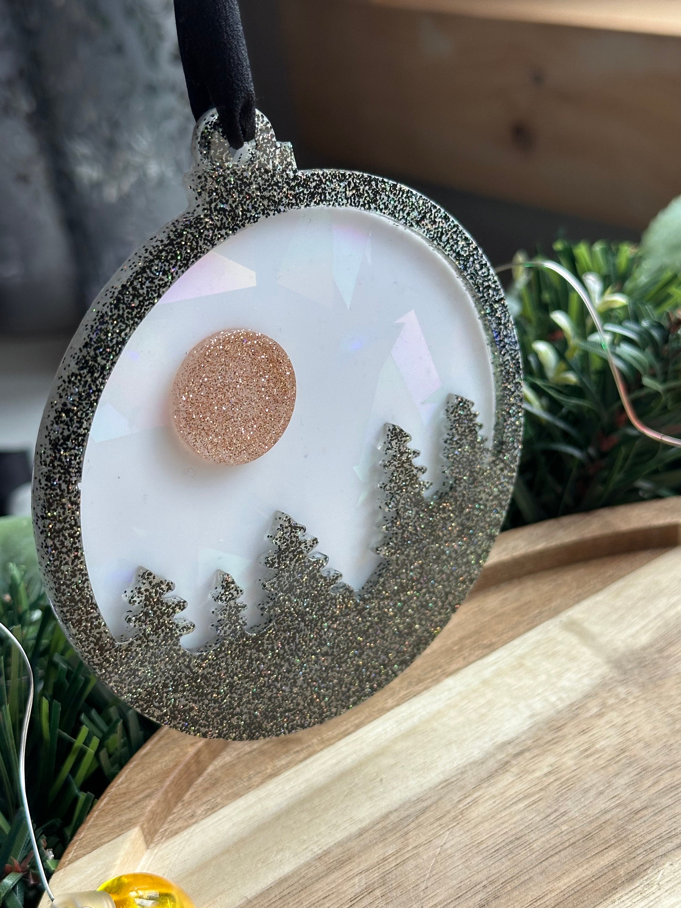 Black Glitter Forest With Holographic White Background Resin Ornament I ...