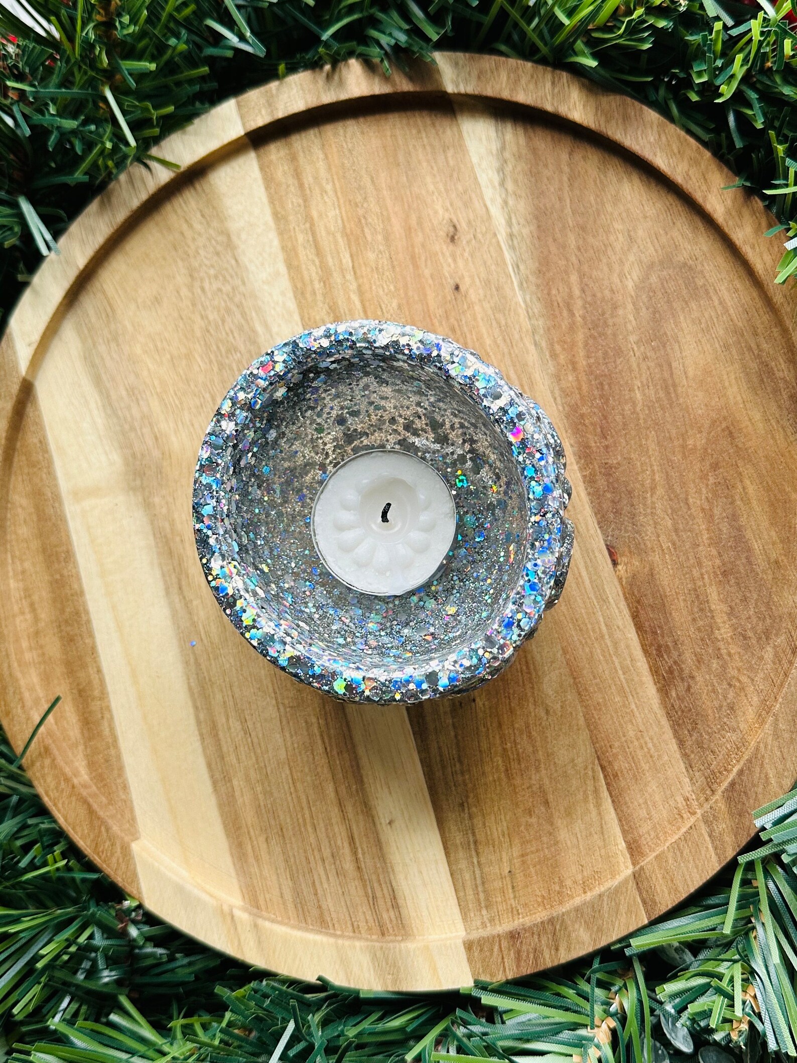 Silver Rainbow Holographic Confetti Glitter Resin Tea Light Holder I ...