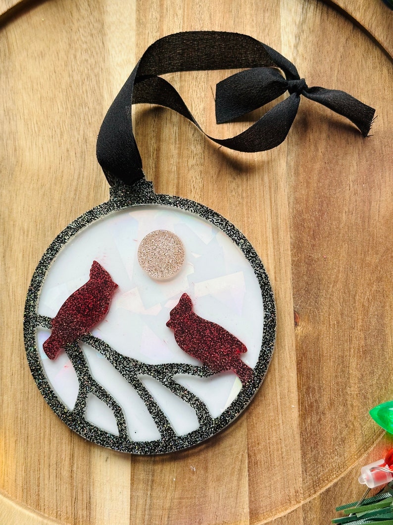 Red Glitter Cardinal Birds Under the Golden Moon Resin Ornament I Light ...