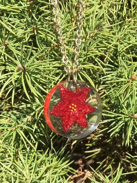 Floating Red Sparkly Poinsettia Pendant I Resin Poinsettia Necklace I ...