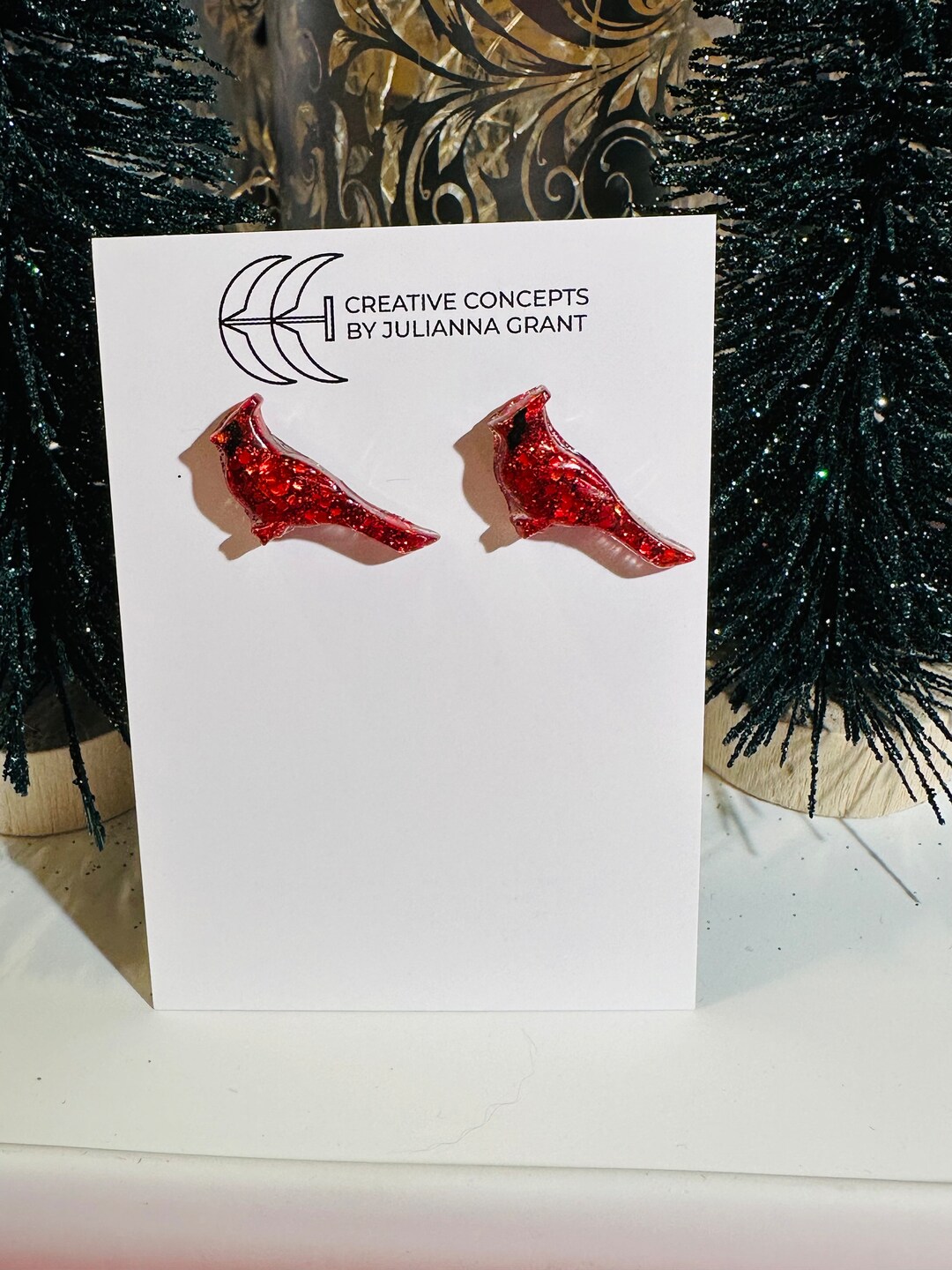 Red Glitter Cardinal Stud Earrings for Pierced Ears I Resin Bird ...