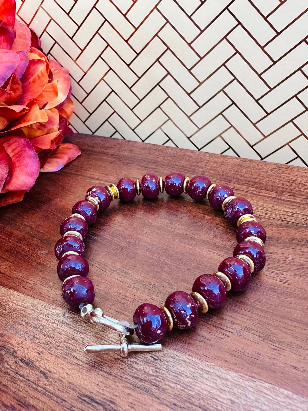 Dark Red Clay Gold Leaf Bead and Thin Spacer Bead Bracelet I Maroon ...