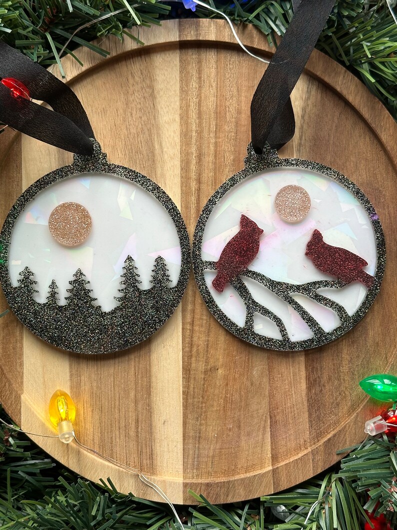 Red Glitter Cardinal Birds Under the Golden Moon Resin Ornament I Light ...