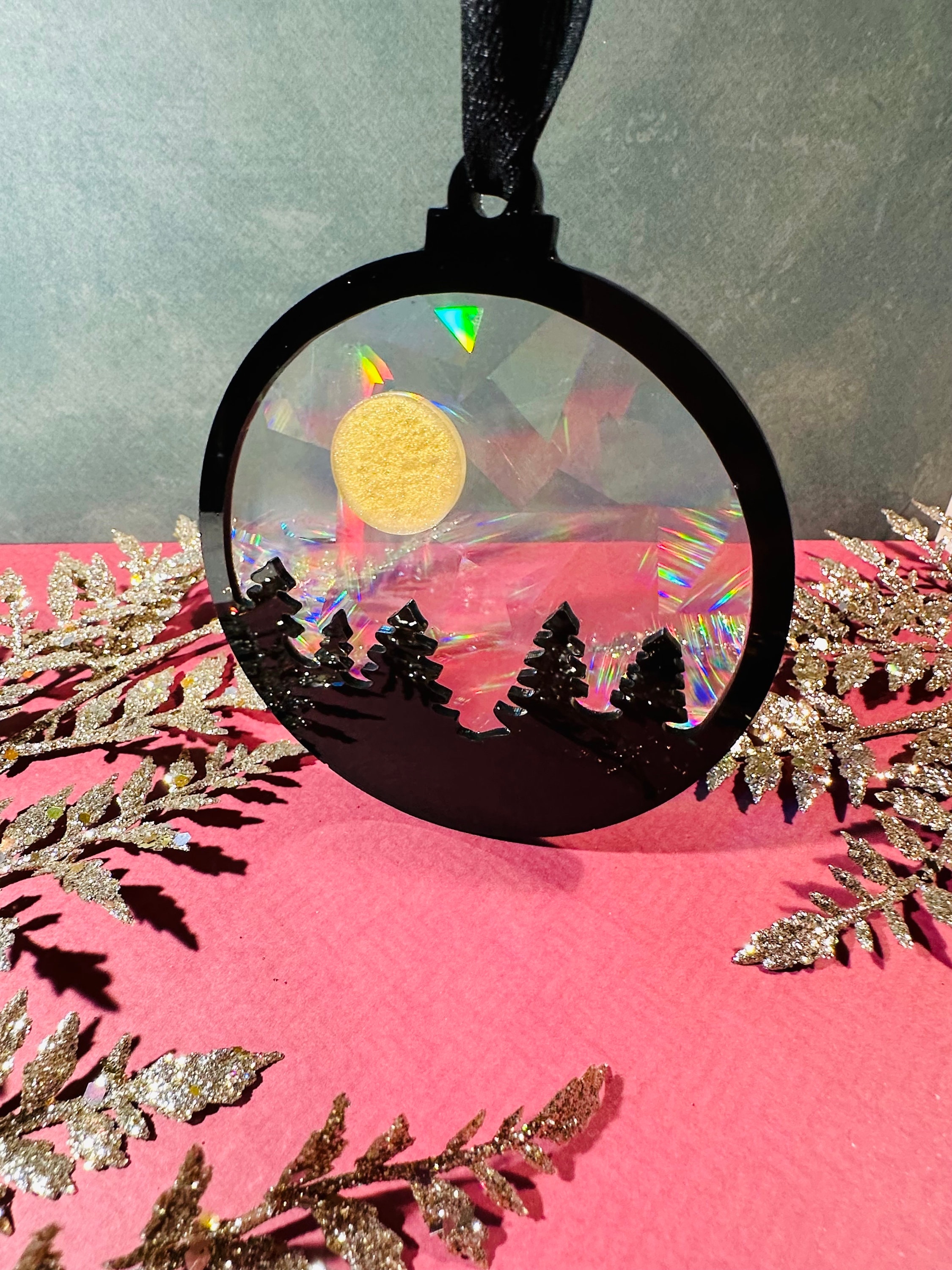 Black Trees With Gold Moon at Night Resin Ornament I Xmas Forest Tree ...