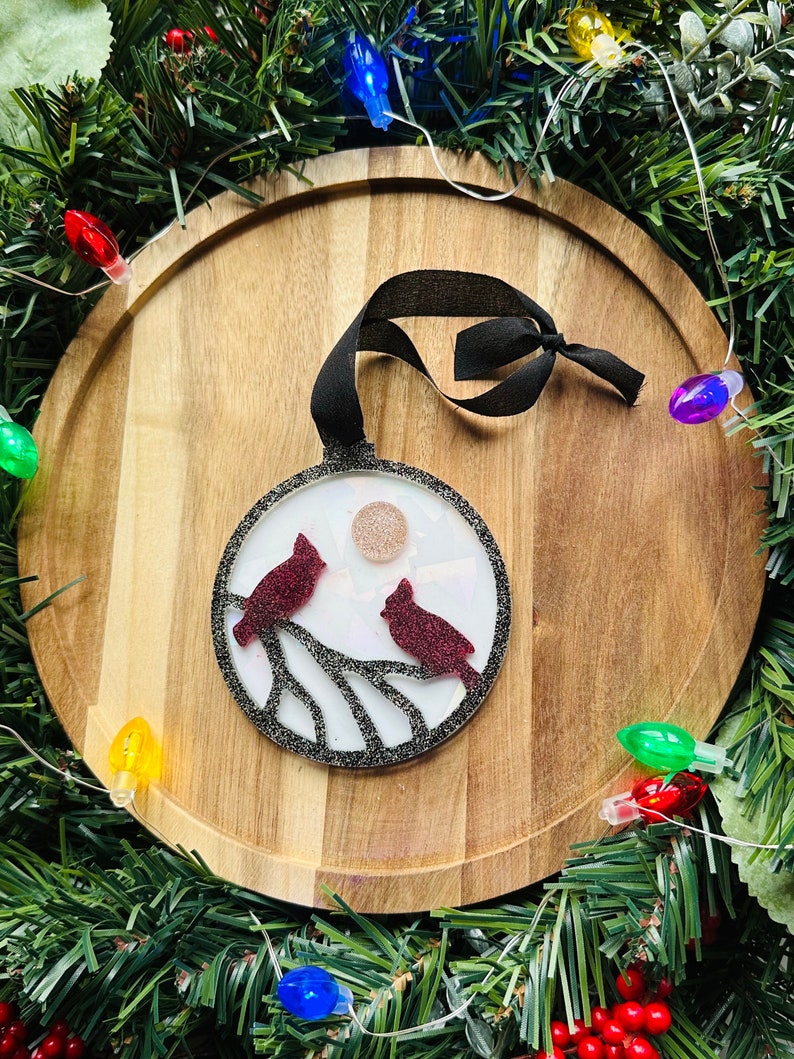 Red Glitter Cardinal Birds Under the Golden Moon Resin Ornament I Light ...