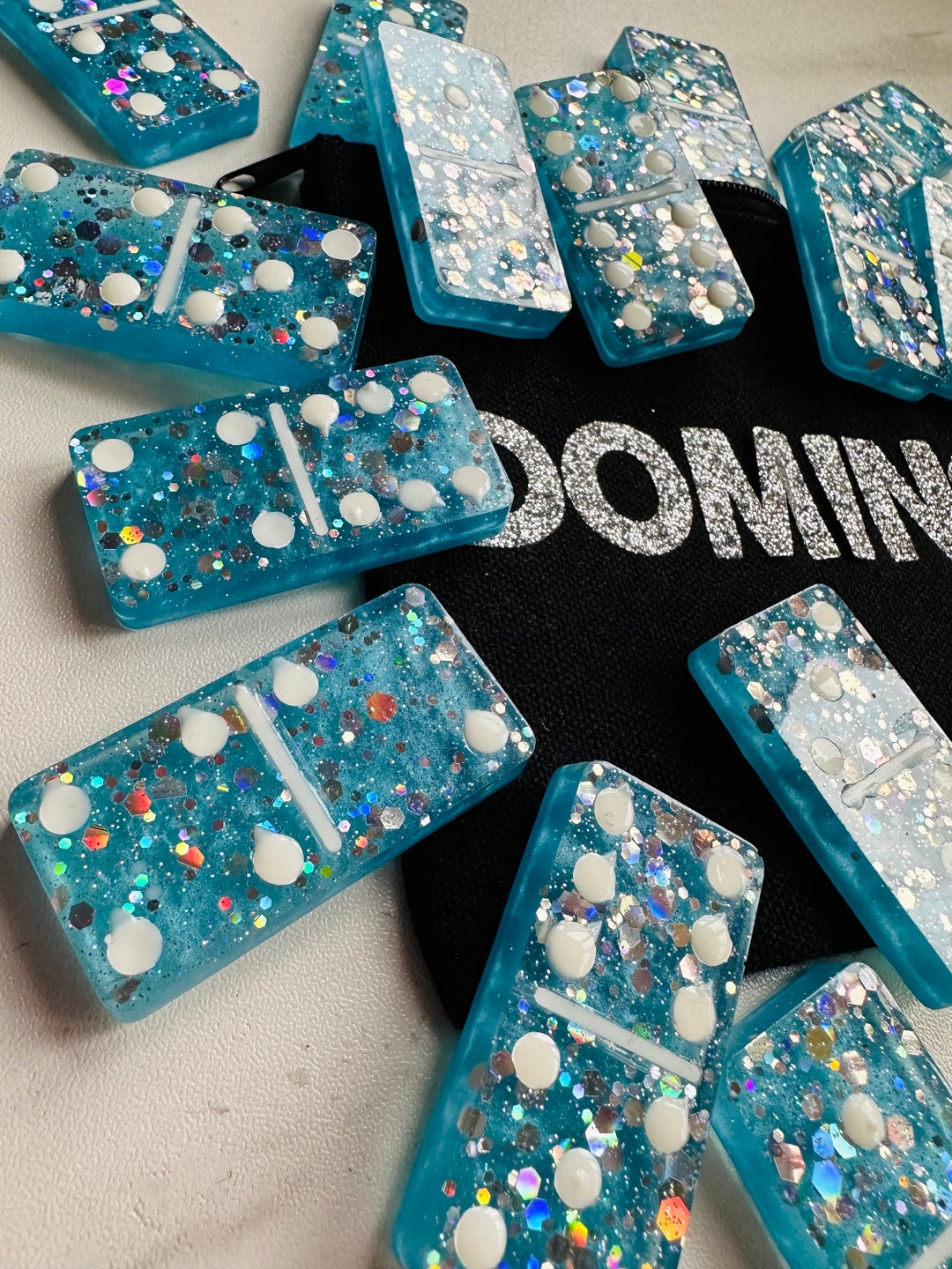 Blue Holographic Glitter Domino Set With White Pips I 28 Dominoes I ...