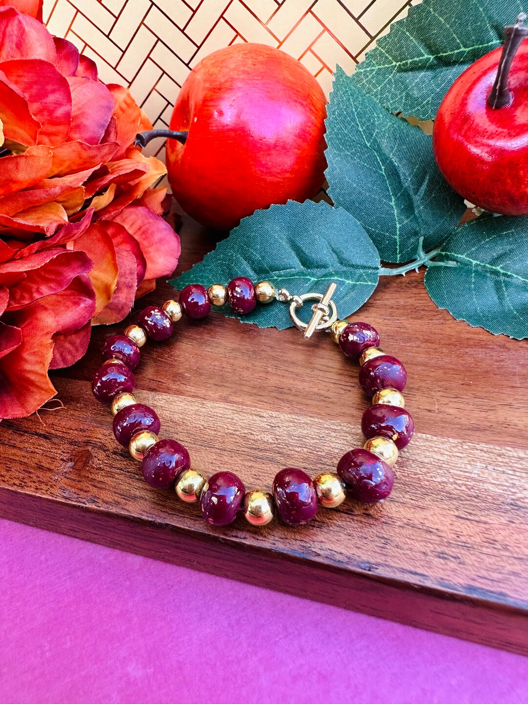 Dark Red Clay Gold Leaf Bead Bracelet I Maroon Plum and Gold Clay ...