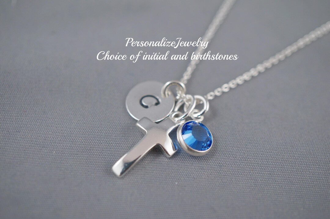 Personalized Birthstone Necklace | Cross Charm | Handstamped Sterling ...
