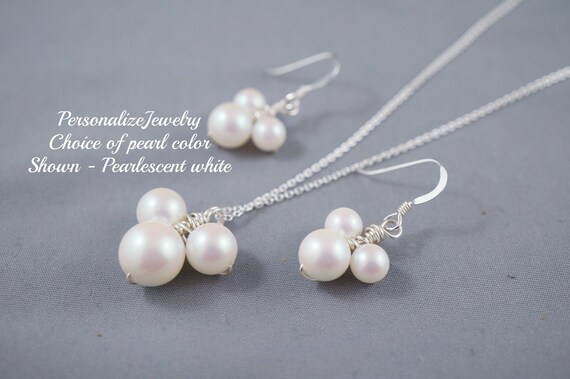 Mickey Jewelry Set Pendant Necklace With Earrings Sterling Silver Chain Pearl Wire Wrap Disney themed Wedding Bridal Party Gifts Etsy