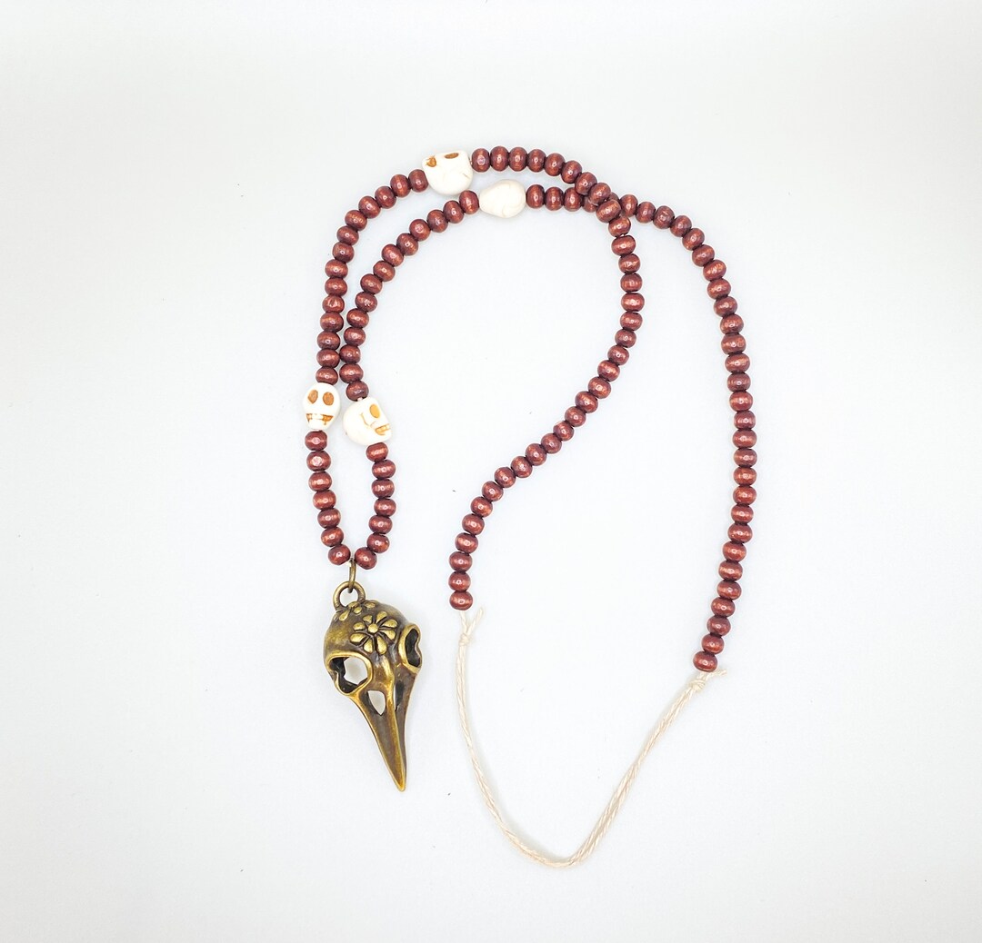 Rosewood Beaded Mala With Bird Skull Charm: Mindful Meditation Necklace ...