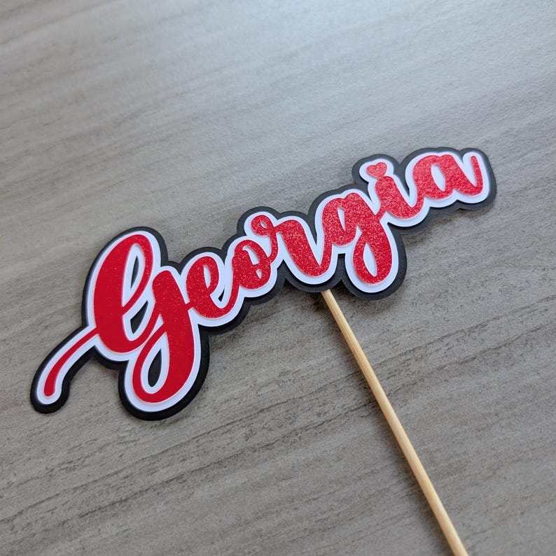 Red Glitter Georgia Cake Topper in Cursive- Red, Black, and White - Etsy