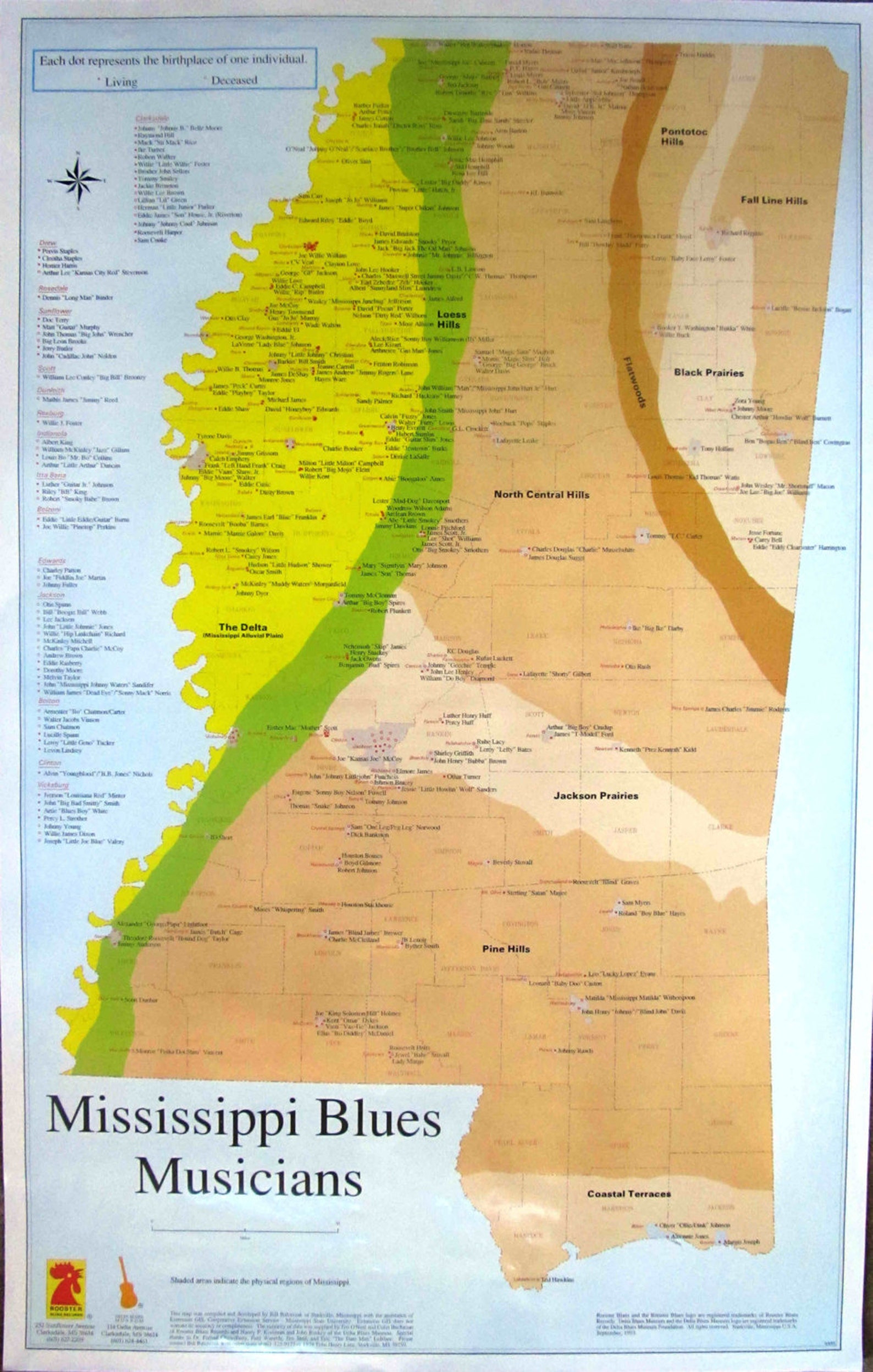 MISSISSIPPI BLUES Musicians Birthplace Map Poster + Free Mississippi ...