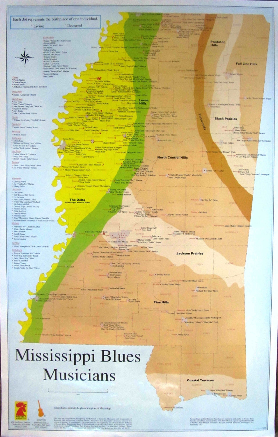 MISSISSIPPI BLUES Musicians Birthplace Map Poster + Free Mississippi ...