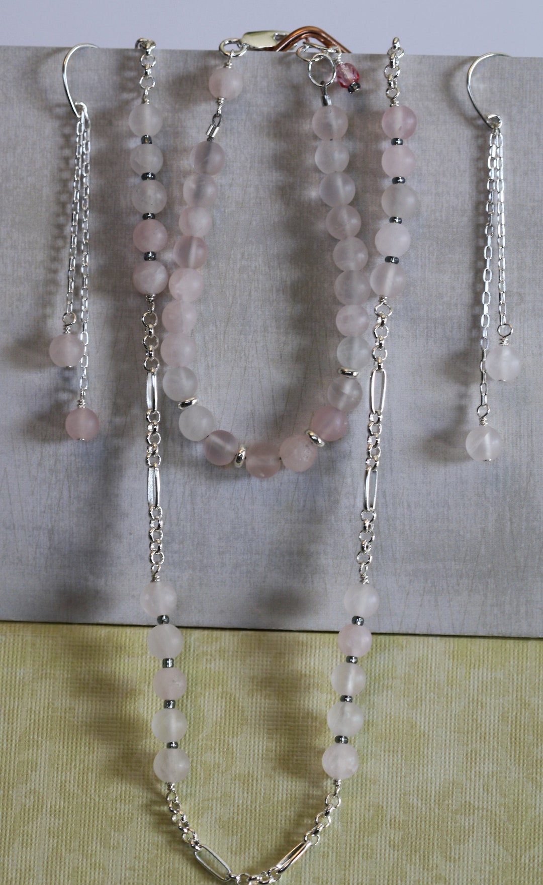Matte Rose Quartz and Silver Jewelry Set/ Necklace, Bracelet, Earrings ...