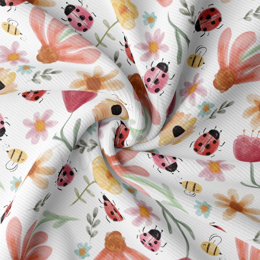 Ladybug Summer Rib Knit Fabric by the Yard Ribbed Jersey Stretchy Soft ...