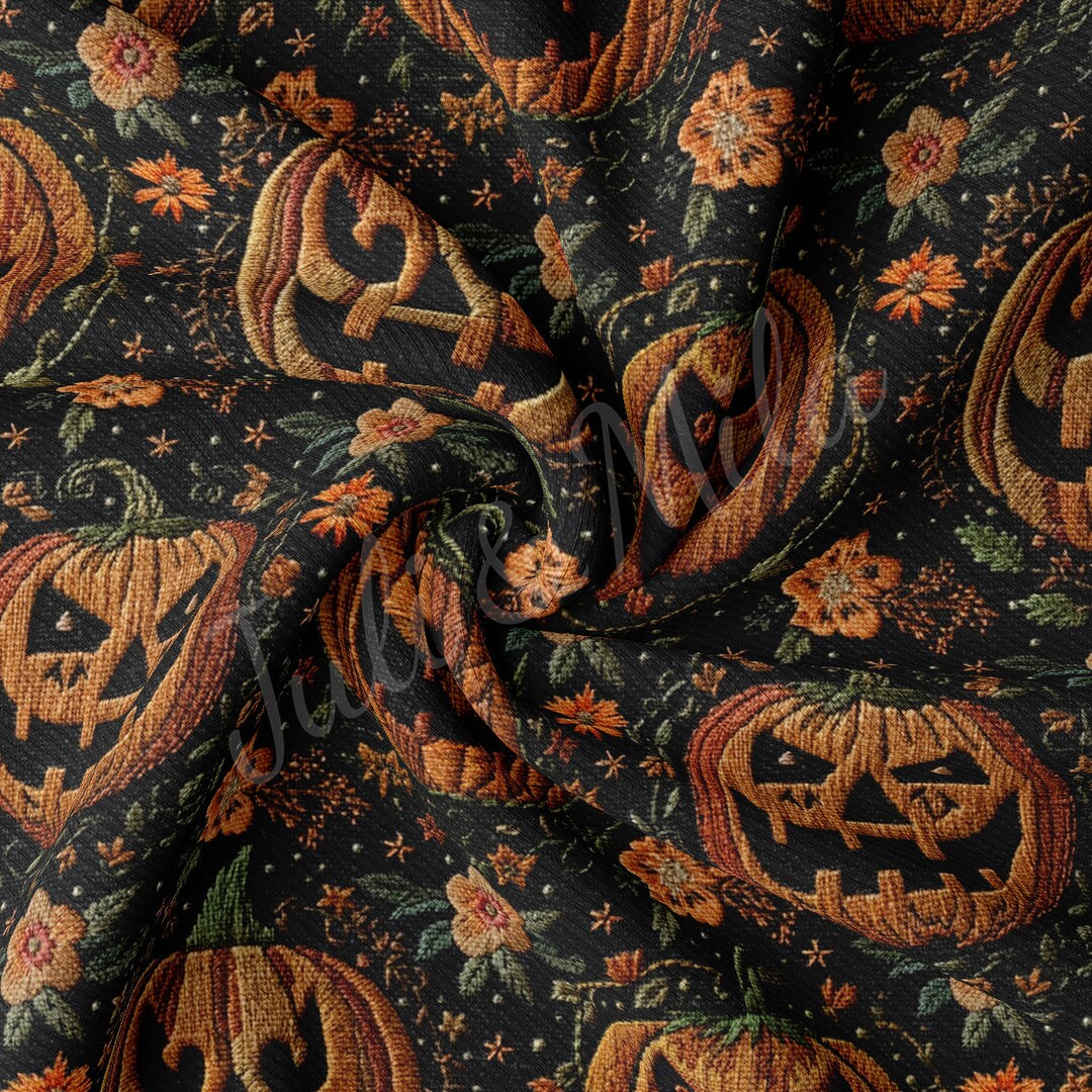 Embroidery Autumn Fall Halloween Rib Knit Fabric by the Yard Ribbed ...
