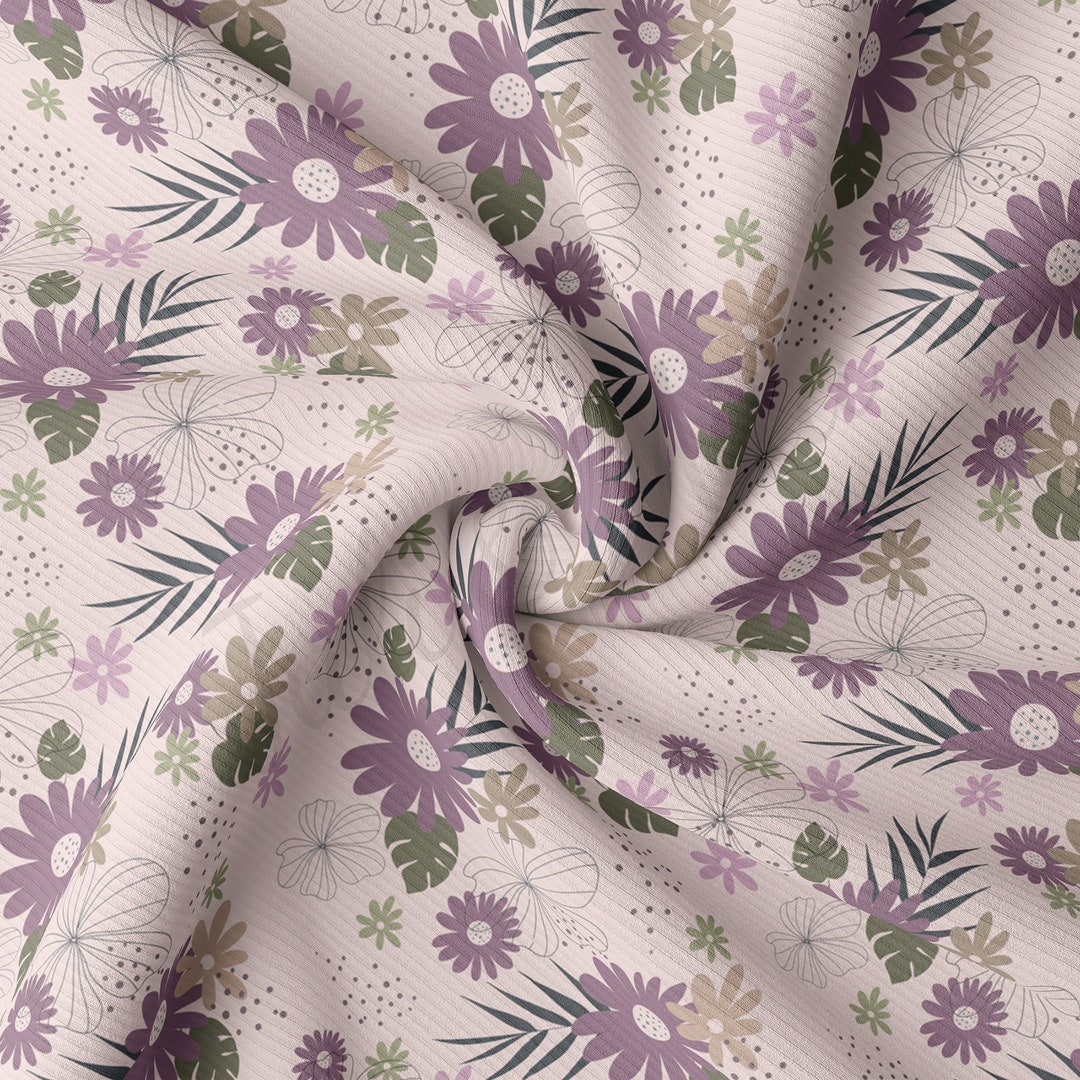 Floral Rib Knit Fabric by the Yard Ribbed Jersey Stretchy Soft ...