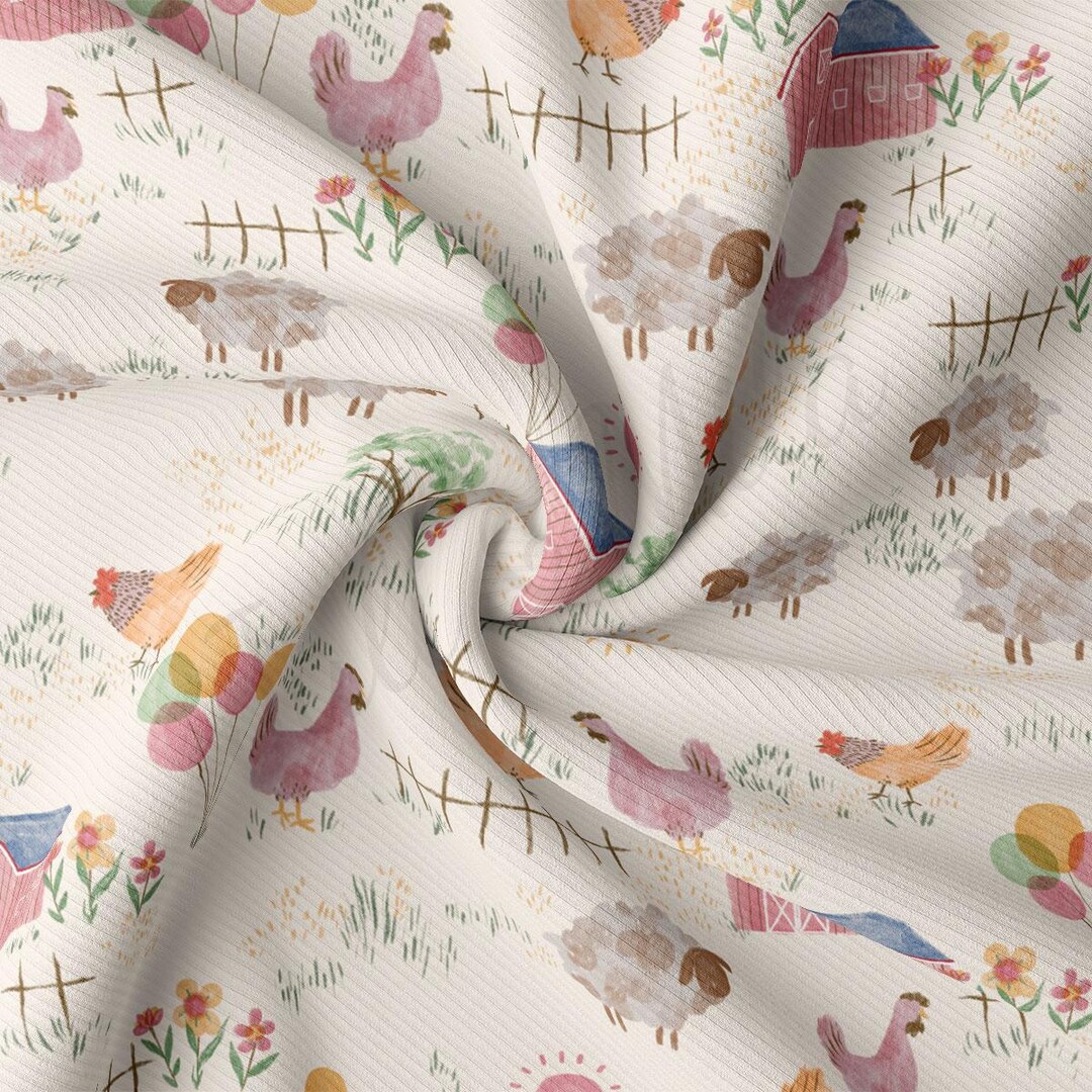 Farm Animals Summer Rib Knit Fabric by the Yard Ribbed Jersey Stretchy ...