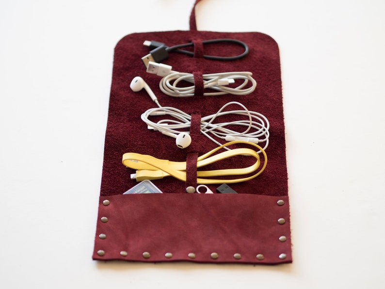 Leather Cable Organizer Travel Charger Roll Tech Cord Case - Etsy