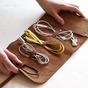 Leather Cable Organizer, Travel Charger Roll, Tech Cord Case, Custom ...